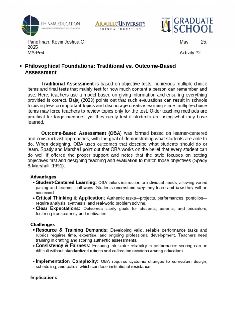 Pangilinan, Kevin Joshua - MAPEd - Activity #2-2 | PDF | Educational Assessment | Behavior ...