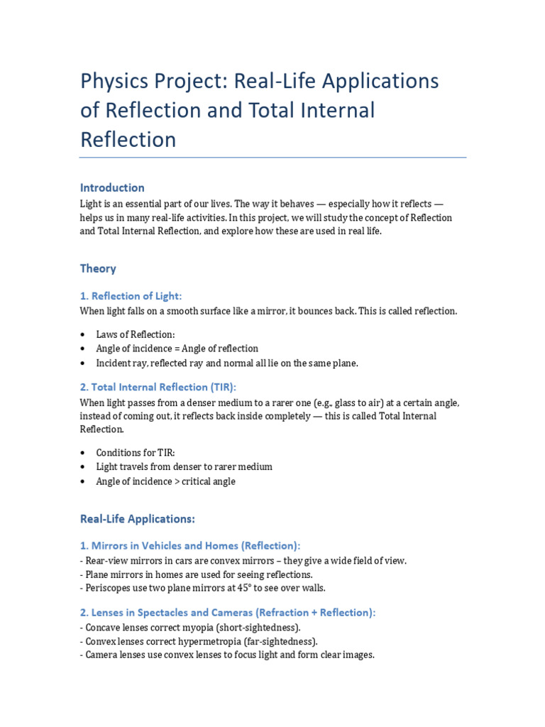 Reflection of Light Project Class 10 | PDF