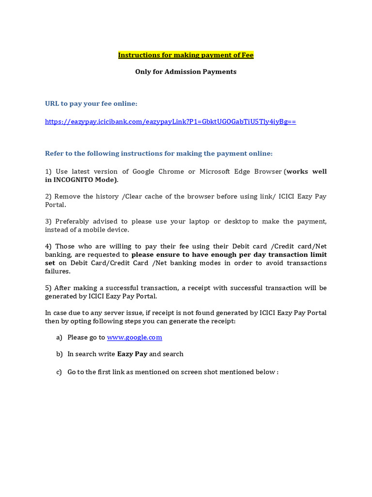 Admission Fee Payment Instructions | PDF