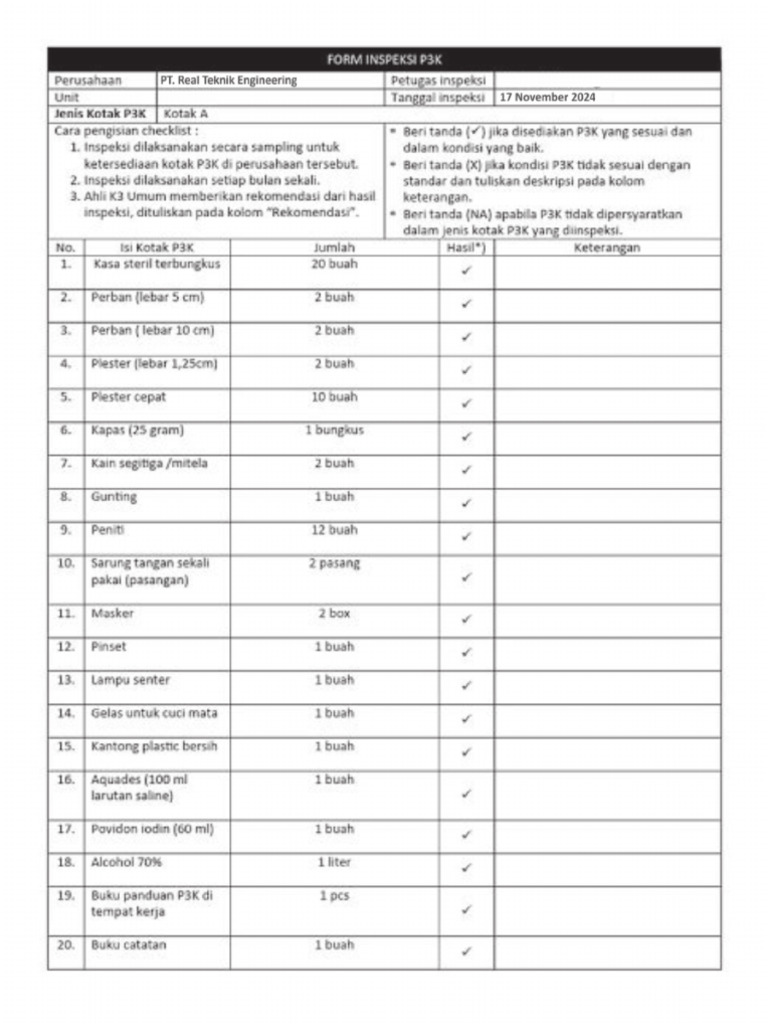 Form Inspeksi P3K | PDF
