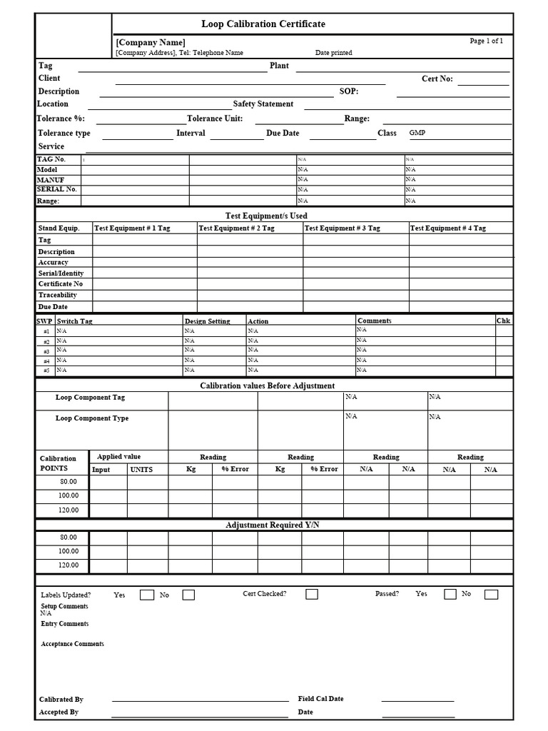 Attachment 6 Example Loop Calibration Certificate v3 | PDF | Calibration | Computing
