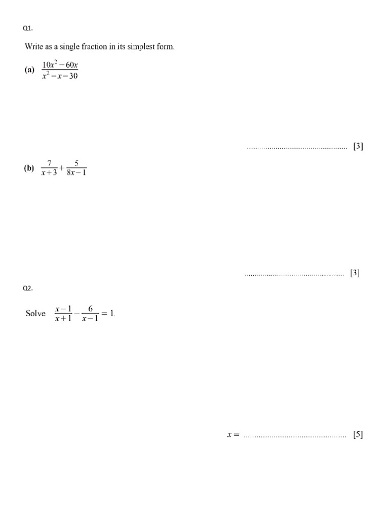 Algebraic Fractions and Inequalities - Worksheet | PDF