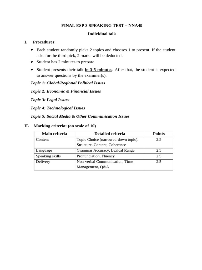 Final ESP 3 Speaking Test K49 | PDF