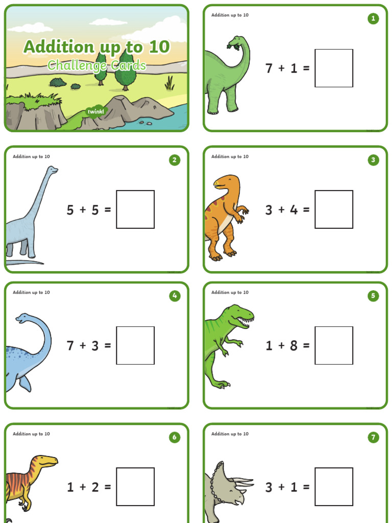 t n 10183 Dinosaur Themed Addition Up to 10 Challenge Cards | PDF