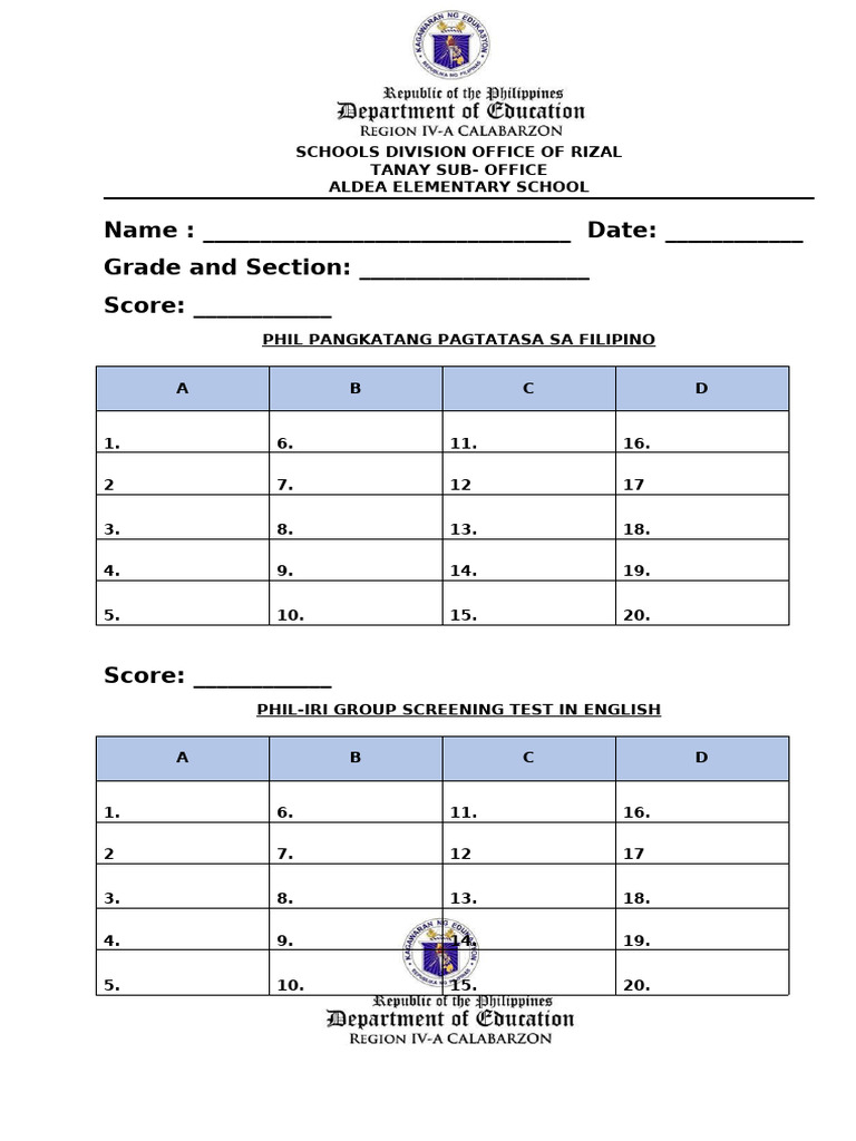 Phil-Iri Answer Sheet and NUMAT | PDF | Chess Theory | Chess