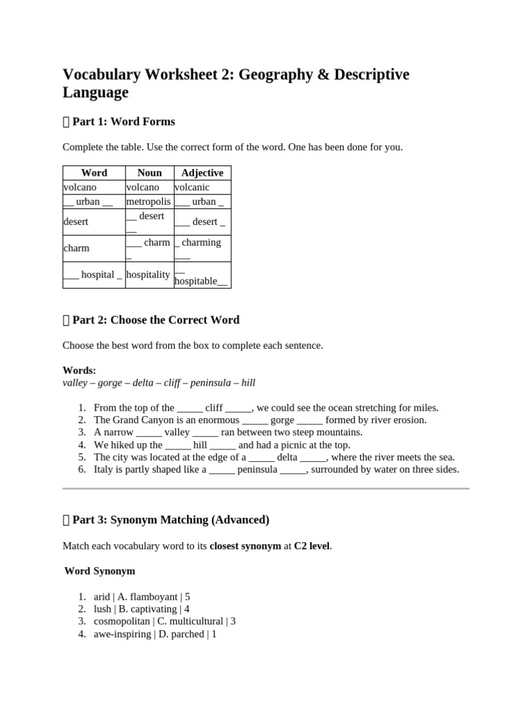 Vocabulary Worksheet 2-Question | PDF