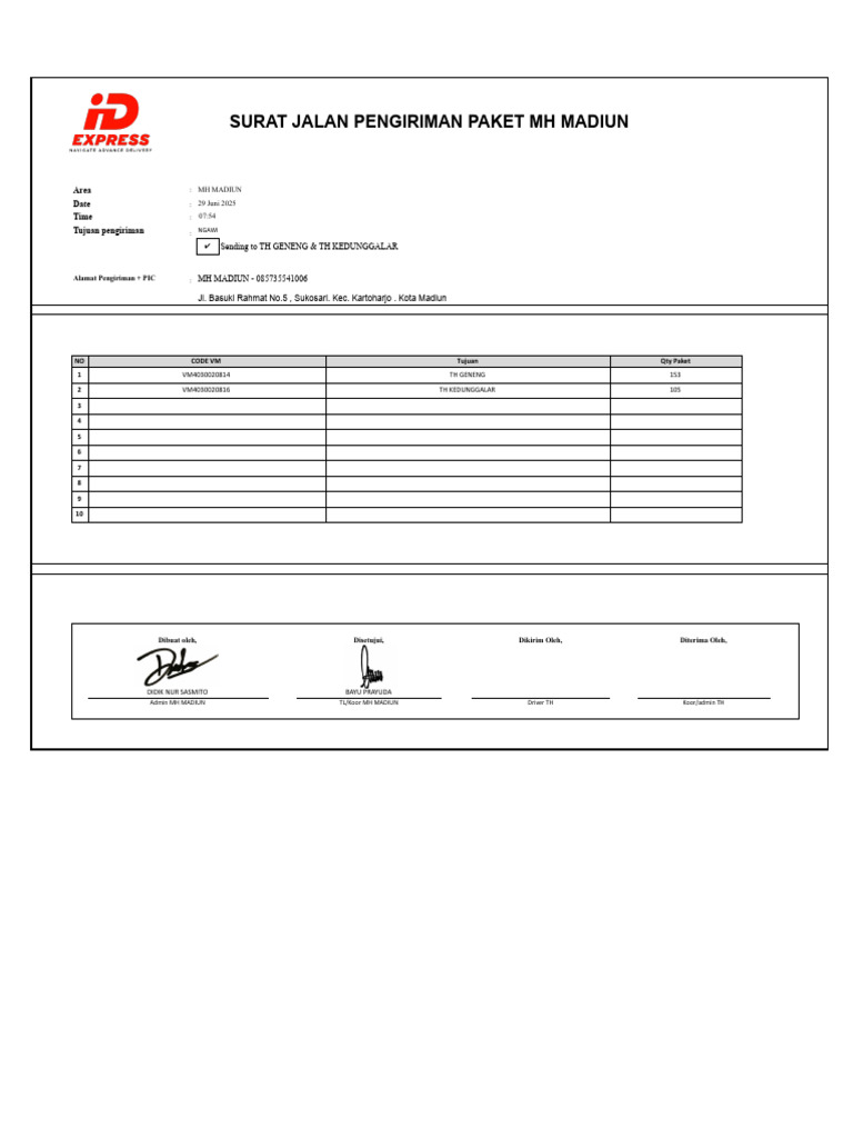Surat Jalan MH Mad To TH Geneng & TH Kedunggalar 29-06-2025 | PDF