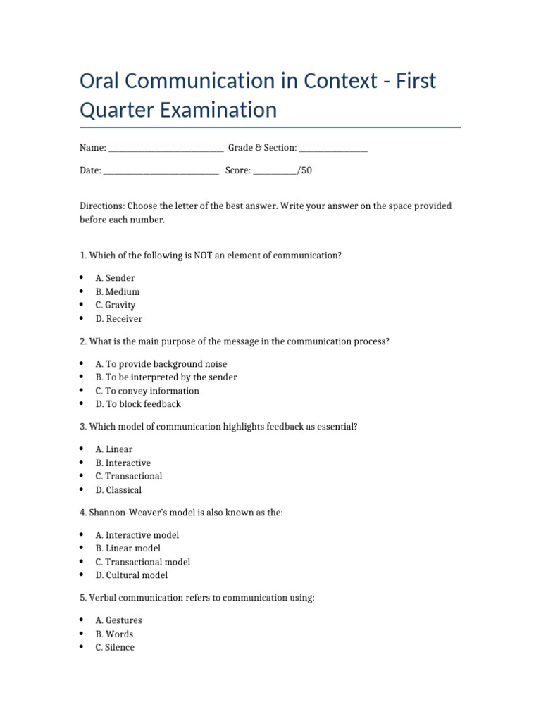 Oral Communication Quarter1 50 Items Test | PDF | Communication ...
