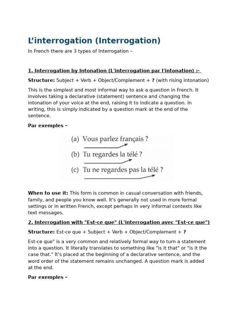 L'Interrogation (Intonation, Est-Ce-Que, Inversion) | PDF | Question ...