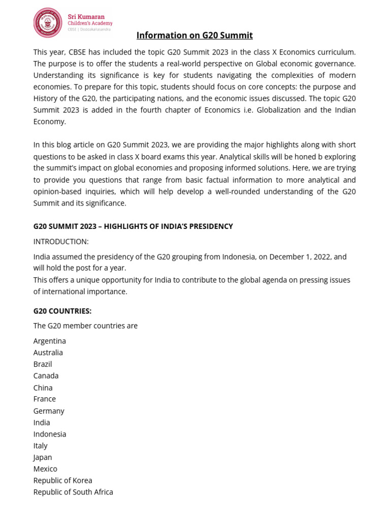 Information On G20 Summit | PDF | Global Politics | Economies