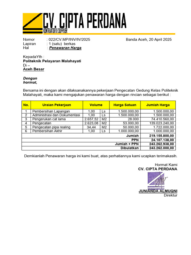 Penawaran Harga CV - Cipta | PDF
