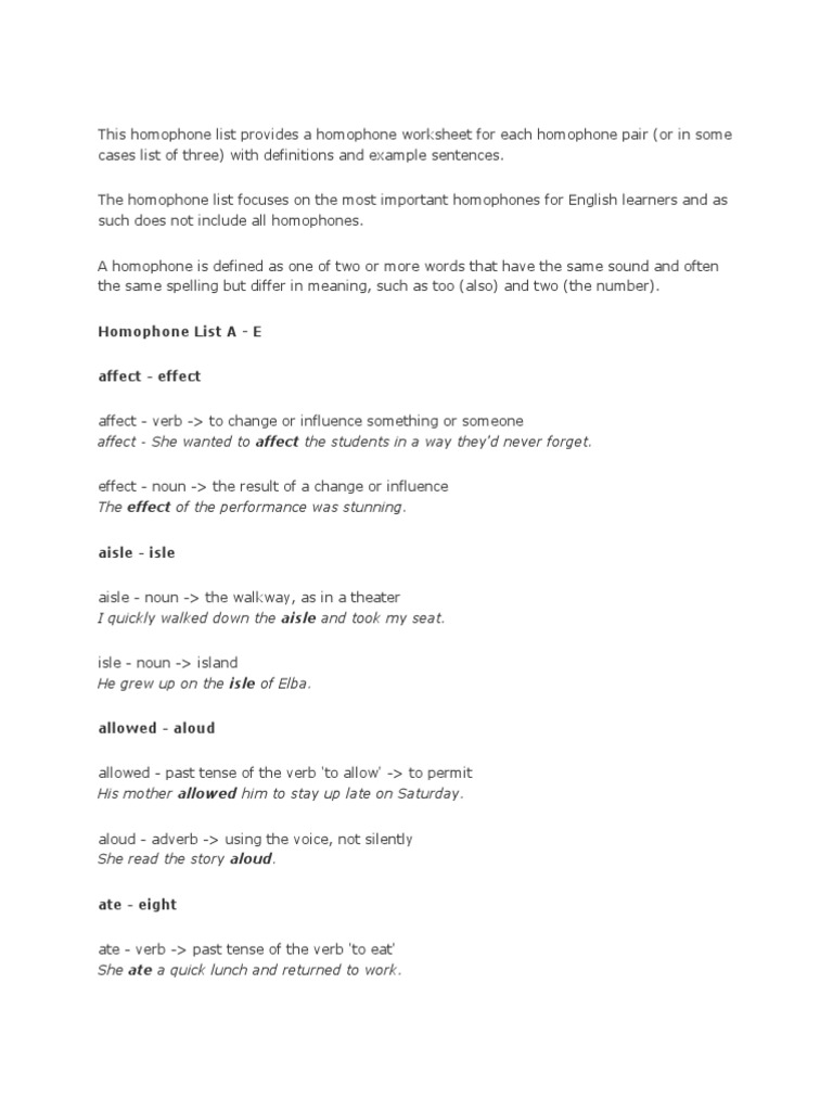 Homophone List A - E Affect - Effect | PDF | Verb | Noun