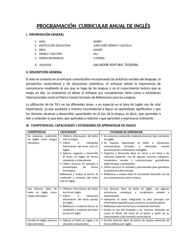 Programación Curricular Anual Cuarto | PDF | Enseñando | Idioma en Inglés