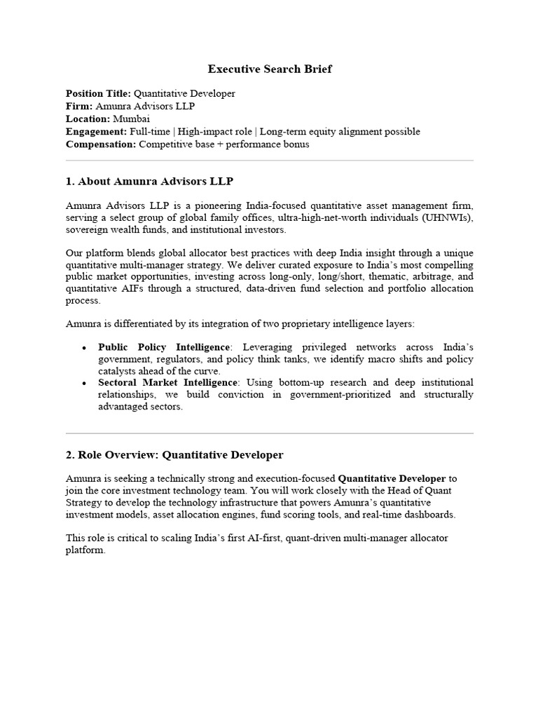 Executive Search Brief - Quant Developer | PDF | Computing | Information Technology
