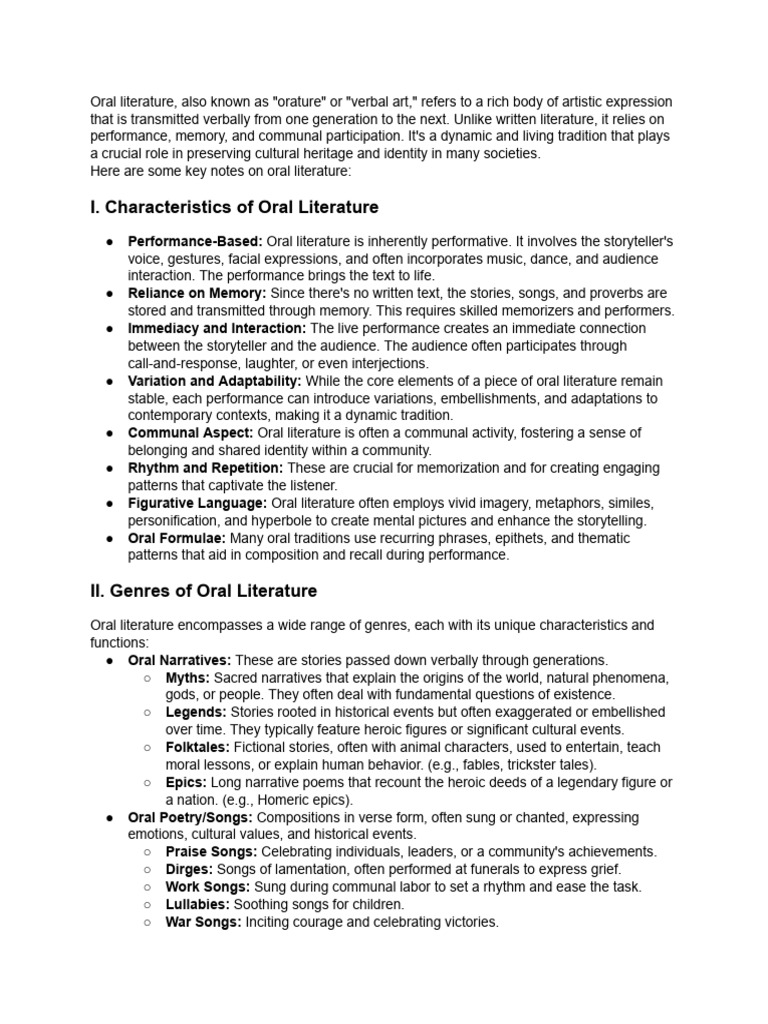Key Aspects of Oral Literature | PDF | Oral Tradition | Storytelling
