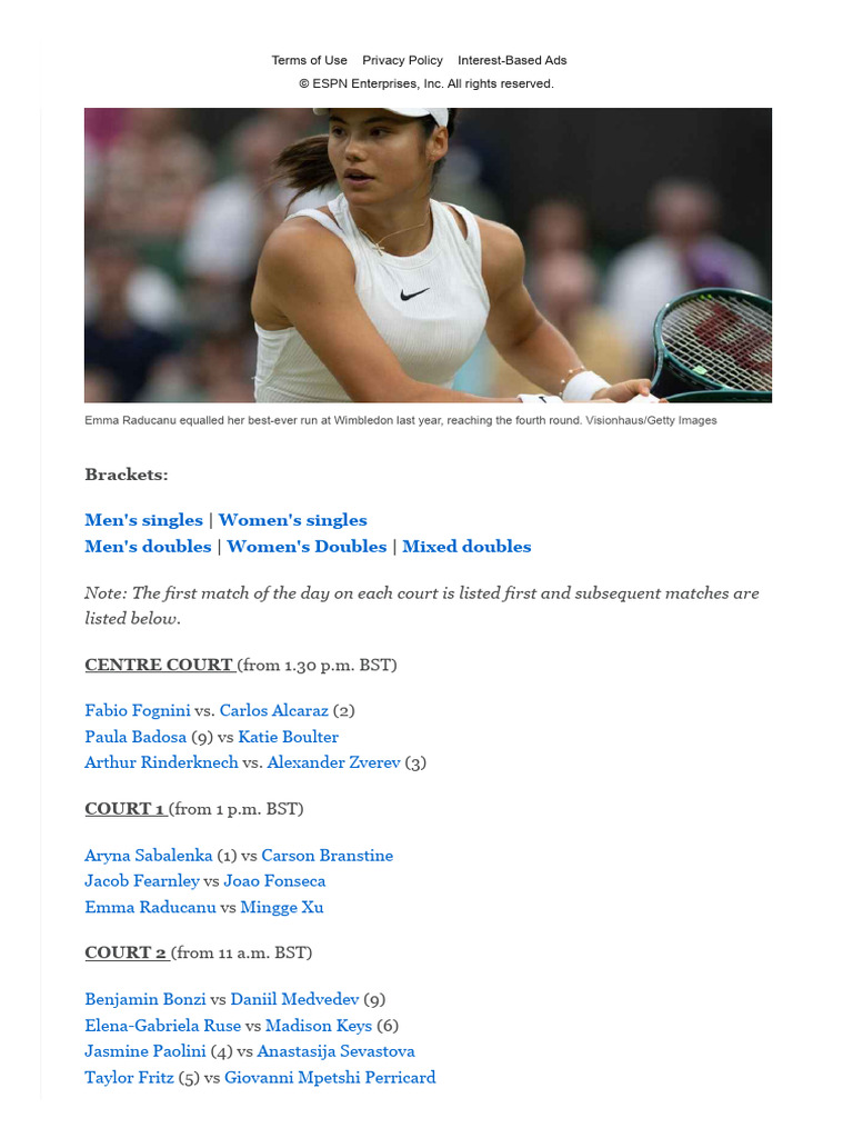 2025 Wimbledon - Daily Schedule, Weather Forecast, How To Watch - ESPN | PDF | Sportspeople ...