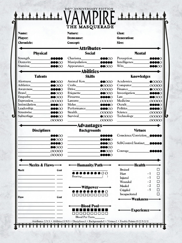 Vampire: The Masquerade Character Sheet | PDF | Psychology