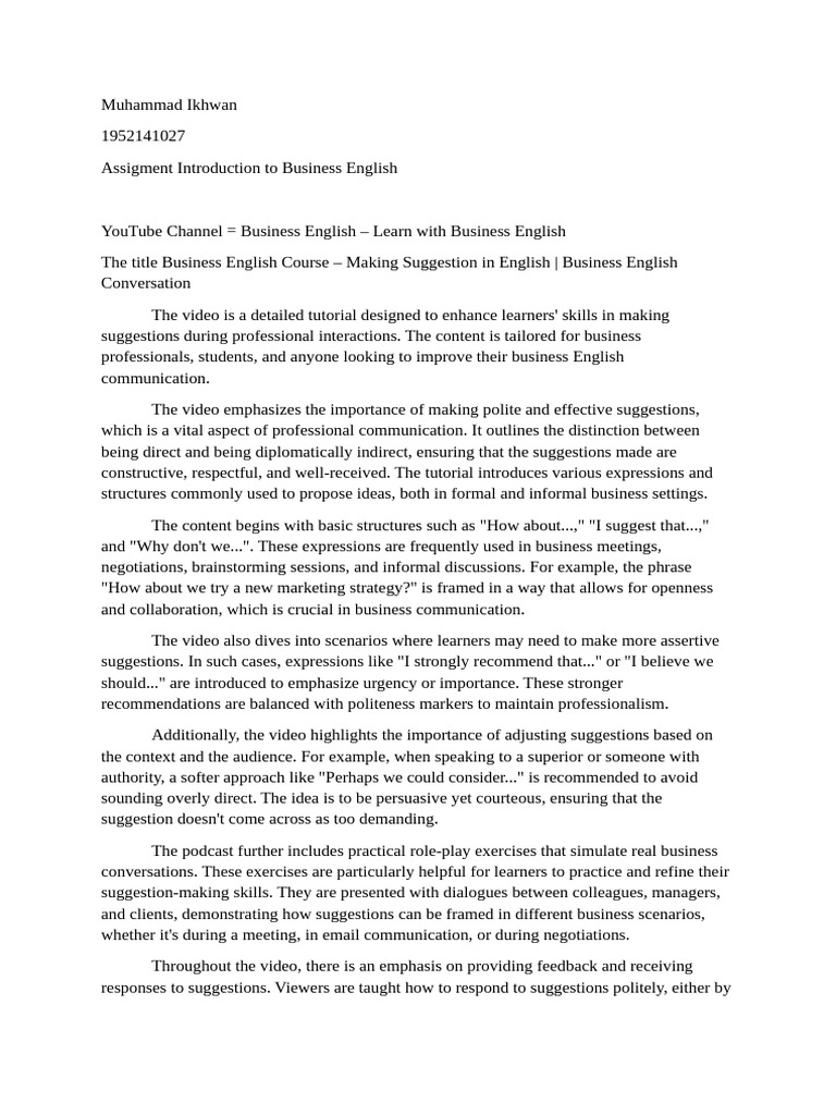 Muhammad Ikhwan 1952141027 Assigment 3 Introduction To Business English ...