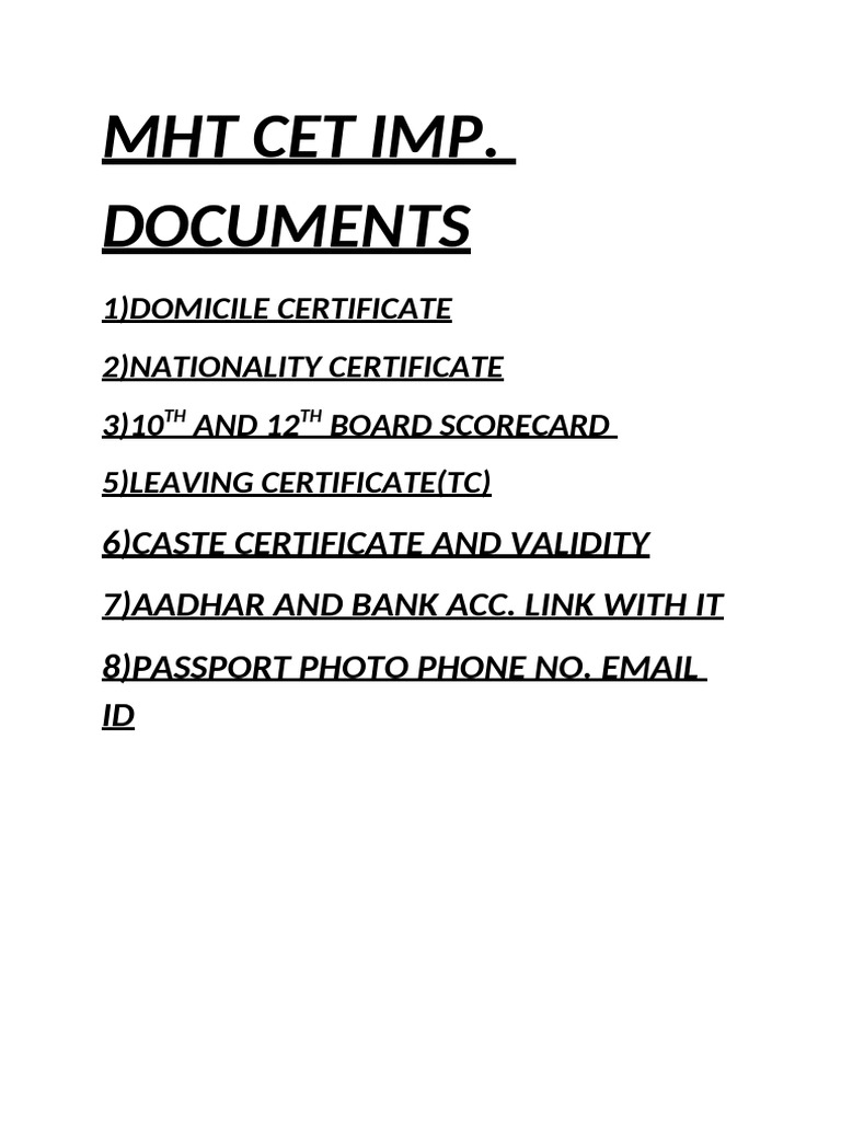 MHT Cet Imp Docs | PDF