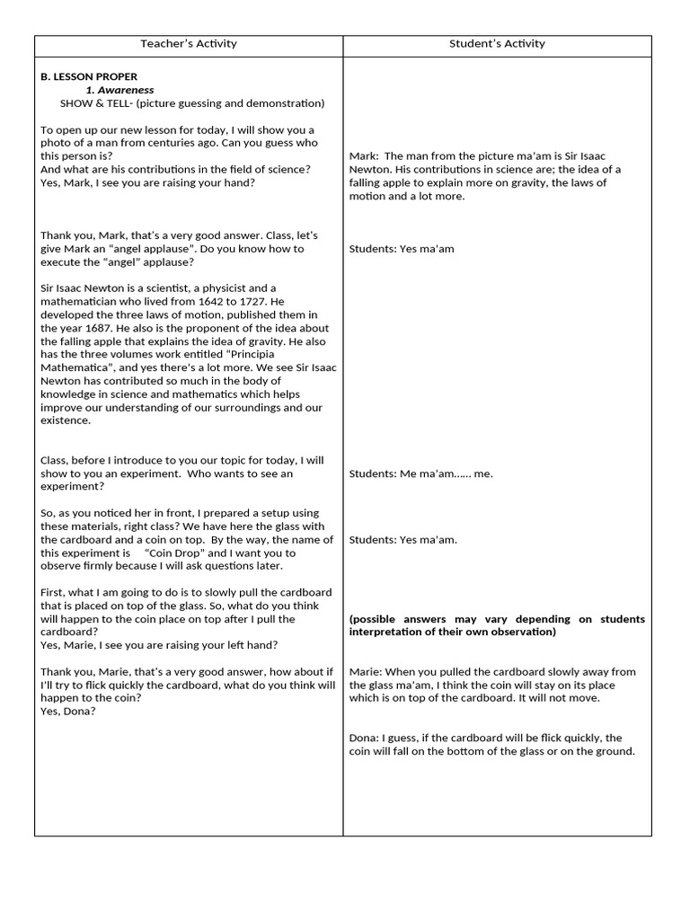 Detailed Lesson Plan Part2.Edited 22 | PDF | Force | Inertia