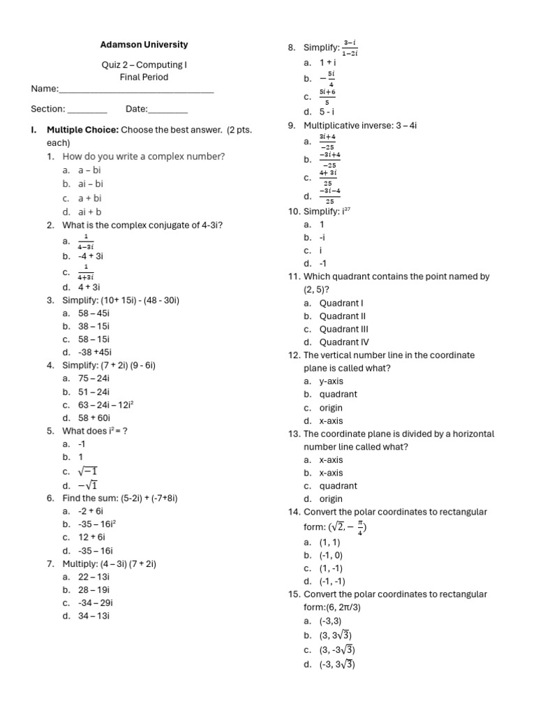 Computing I Quiz on Complex Numbers | PDF | Cartesian Coordinate System ...