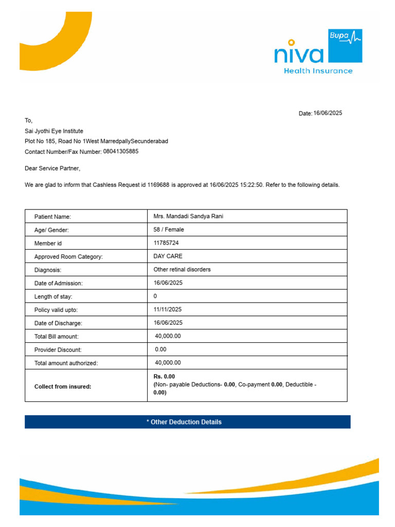 Final Cashless Approval 1169688 Mandadi Sandya Rani 44313 (1) L | PDF | Insurance | Identity ...