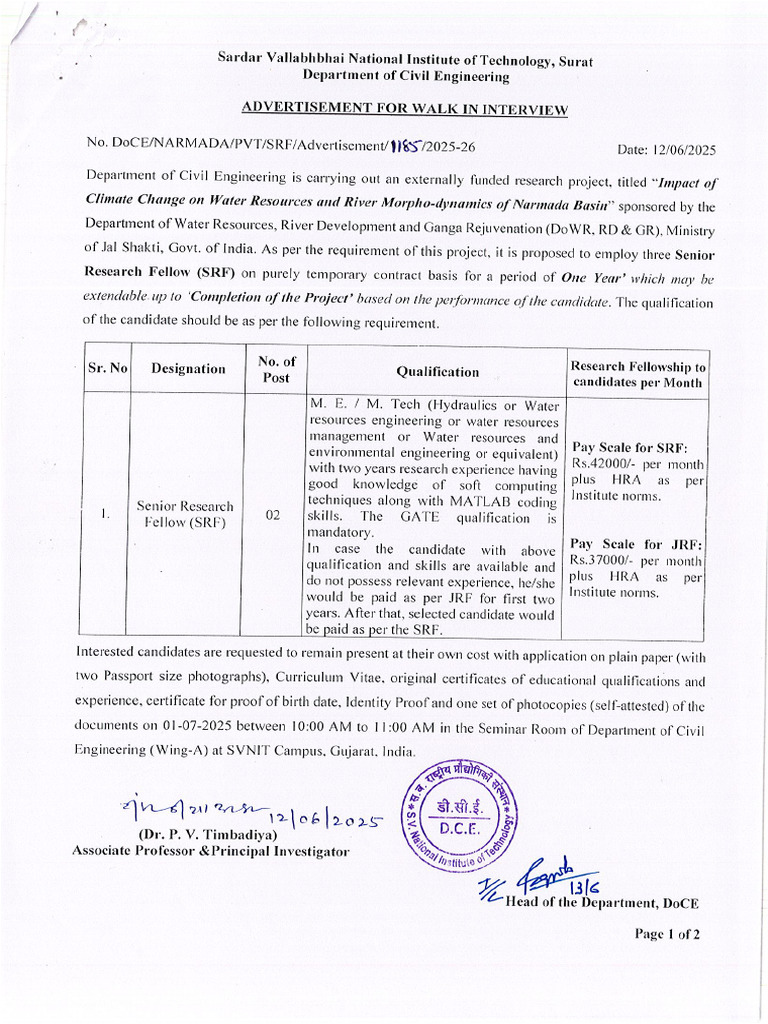 Advertisement For Senior Research Fellow (SRF) at Department of Civil ...