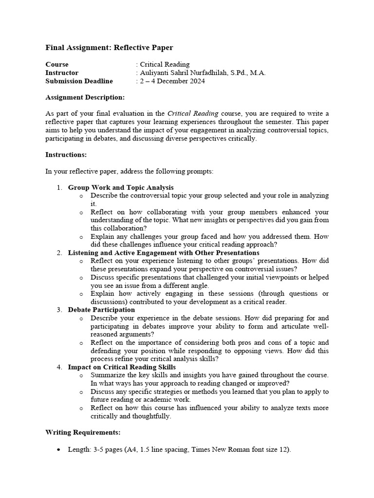 Reflective Paper on Critical Reading Skills | PDF | Learning | Critical ...