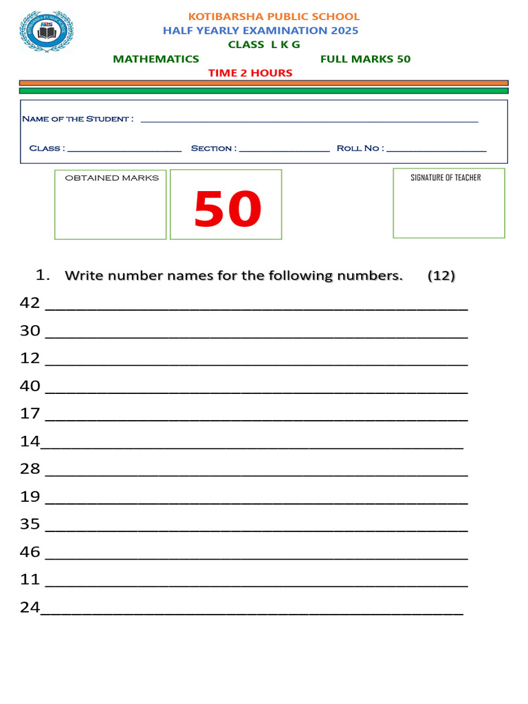 LKG Maths Hy 25 | PDF