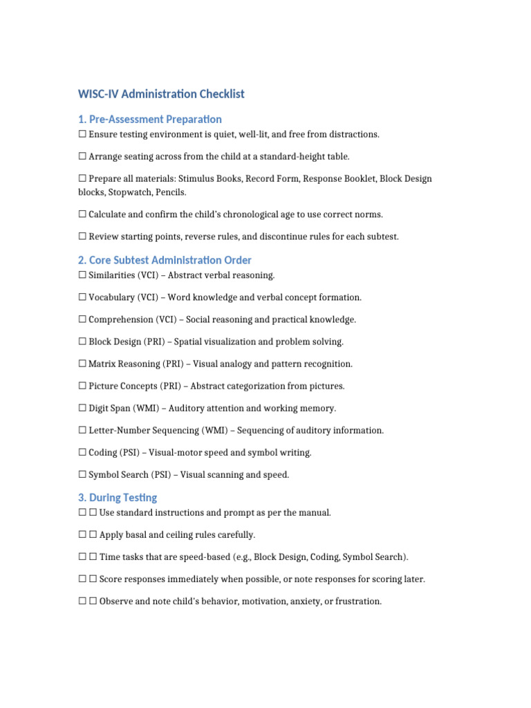 WISC-IV Admin Checklist and Scoring Template | PDF