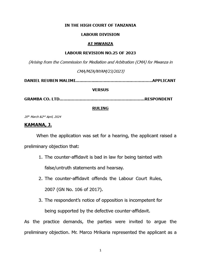 Daniel Reuben Malimi Vs Gramba Co LTD (Labour Revision No 25 of 2023) 2024 TZHC 1683 (2 April ...