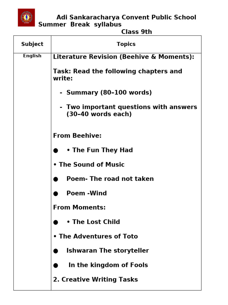 9th Sun Summer Break Homework | PDF