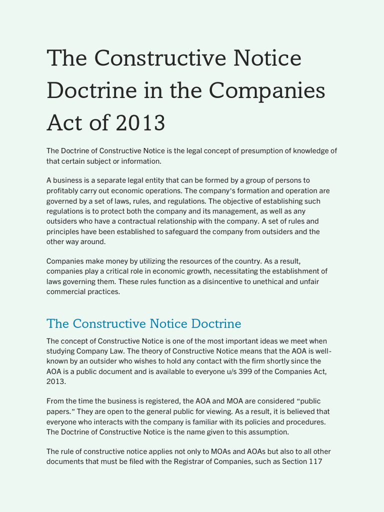 Constructive Notice in Companies Act 2013 | PDF | Articles Of ...