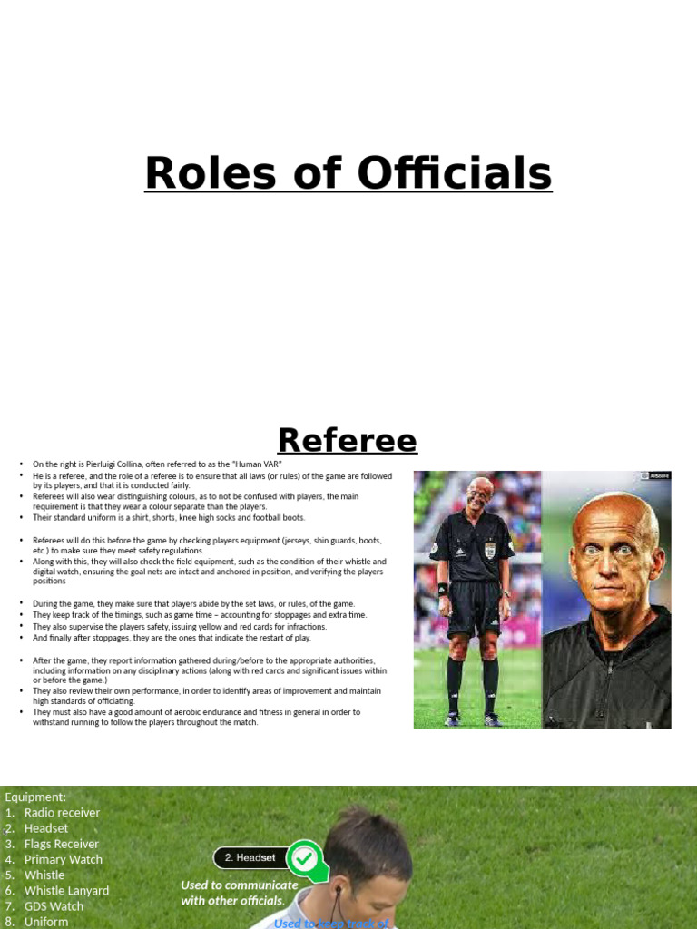 Roles and Responsibilities of Football Officials | PDF | Referee | Sports