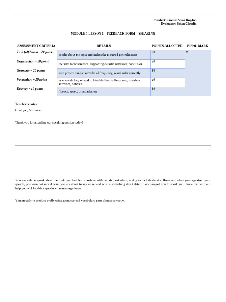 Stroe MODULE 1 LESSON 1 - Feedback File - CV2 - Speaking | PDF ...