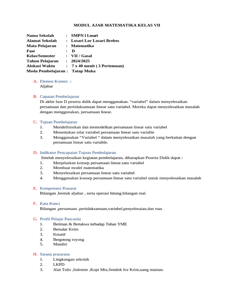 Modul Ajar Per Lin Satu Vari Kls 7 Sem 1 | PDF