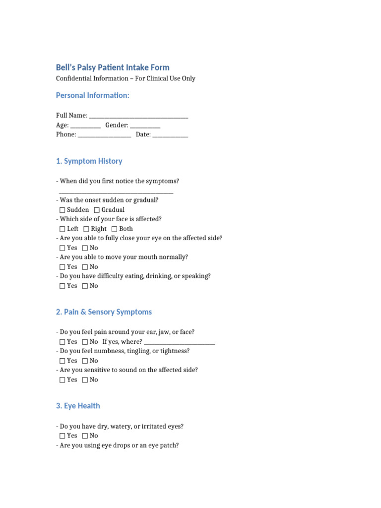 Bell's Palsy Patient Intake Form | PDF
