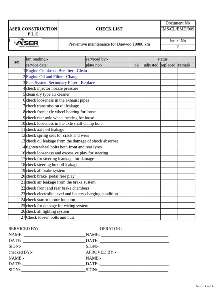 IMS-CL-EMD-009 Preventive Maintenance For DAEWOO 10000 | PDF ...