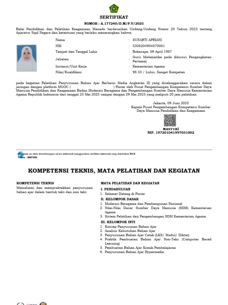Sertifikat Pelatihan Penyusunan Bahan Ajar Berbasis Media 29-06-2025 | PDF