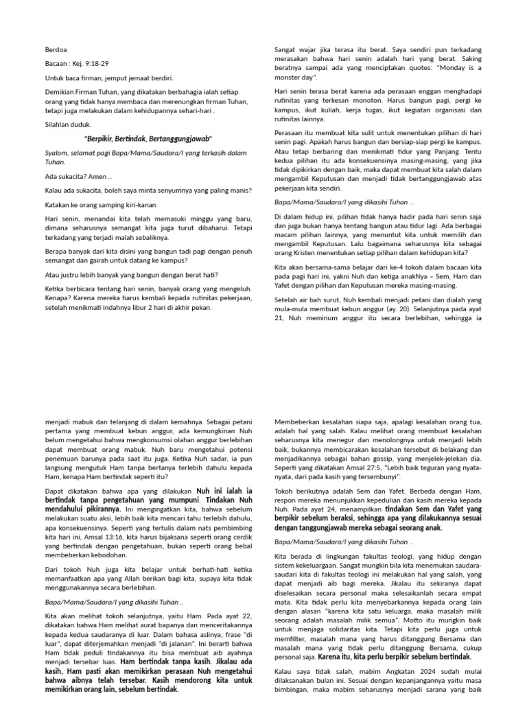 Transkrip Khotbah Ibadah Buka Pekan | PDF