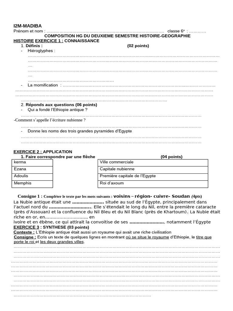 Compo 6e - HG - Deuxième Semestre Familiale | PDF