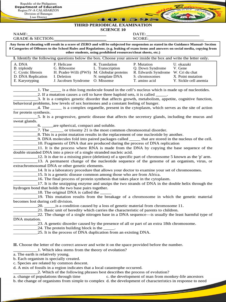 Third Periodical Examination 23 24 | PDF | Dna | Circle