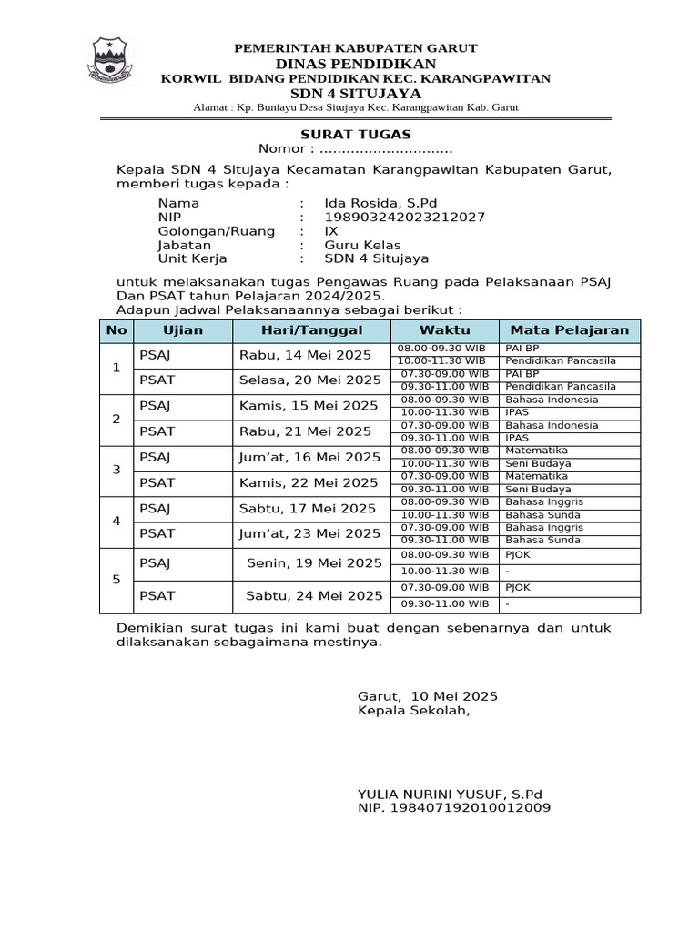 Surat Tugas Pengawas PSAJ PSAT 2025 | PDF