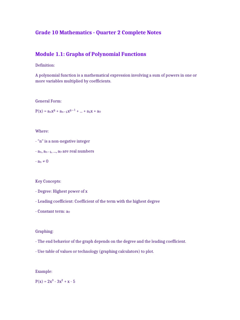 Grade 10 Math: Quarter 2 Formulas | PDF | Circle | Polynomial