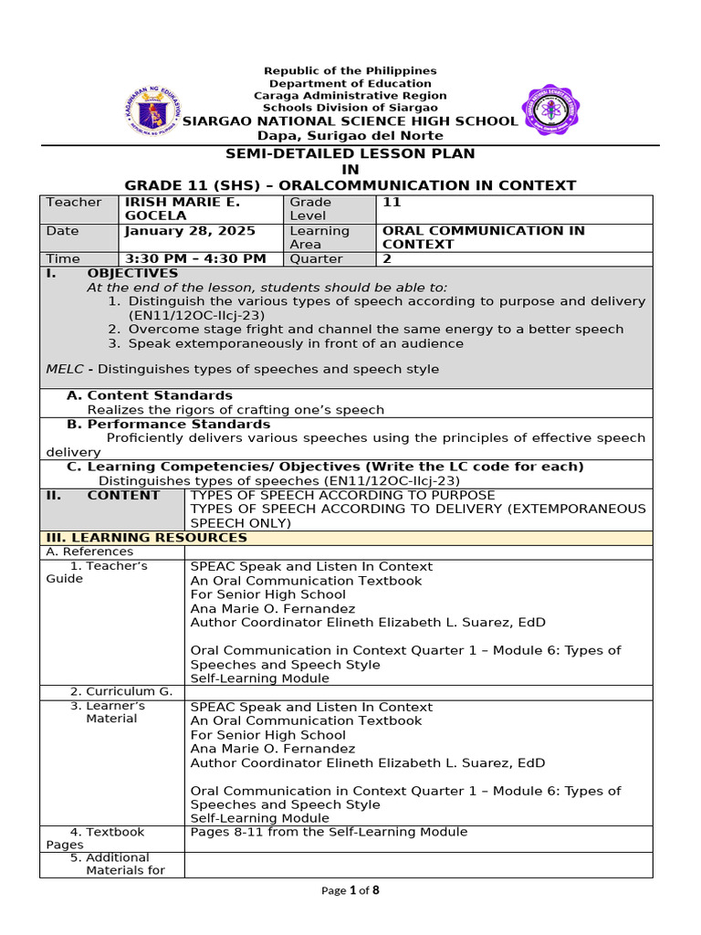 2022 Final Lesson Plan Oral Comm Gocela | PDF | Learning | Public Speaking
