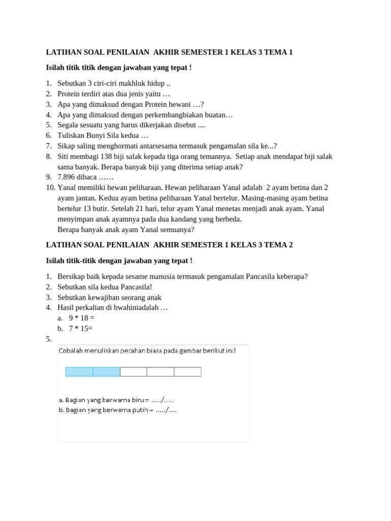 Latihan Soal Penilaian Akhir Semester 1 Kelas 3 Tema 1-4 | PDF