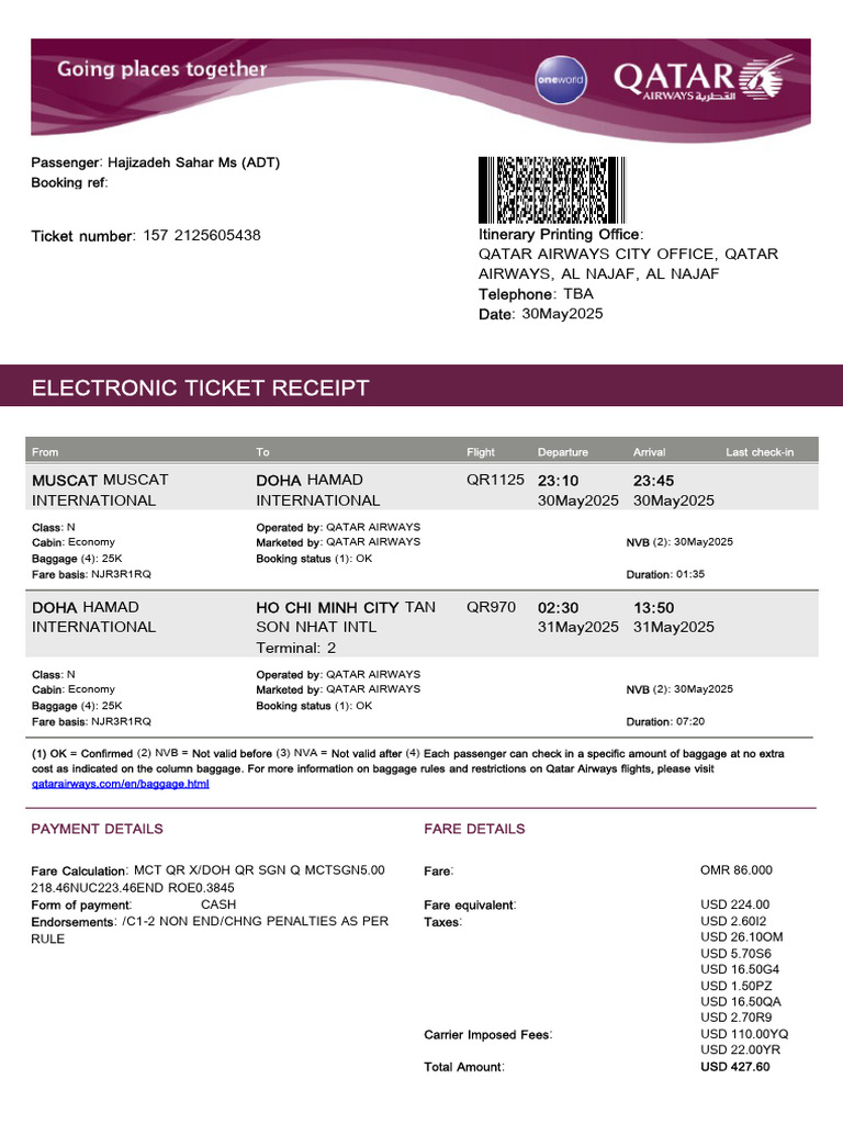 Qatar Airways Itinerary for Hajizadeh | PDF