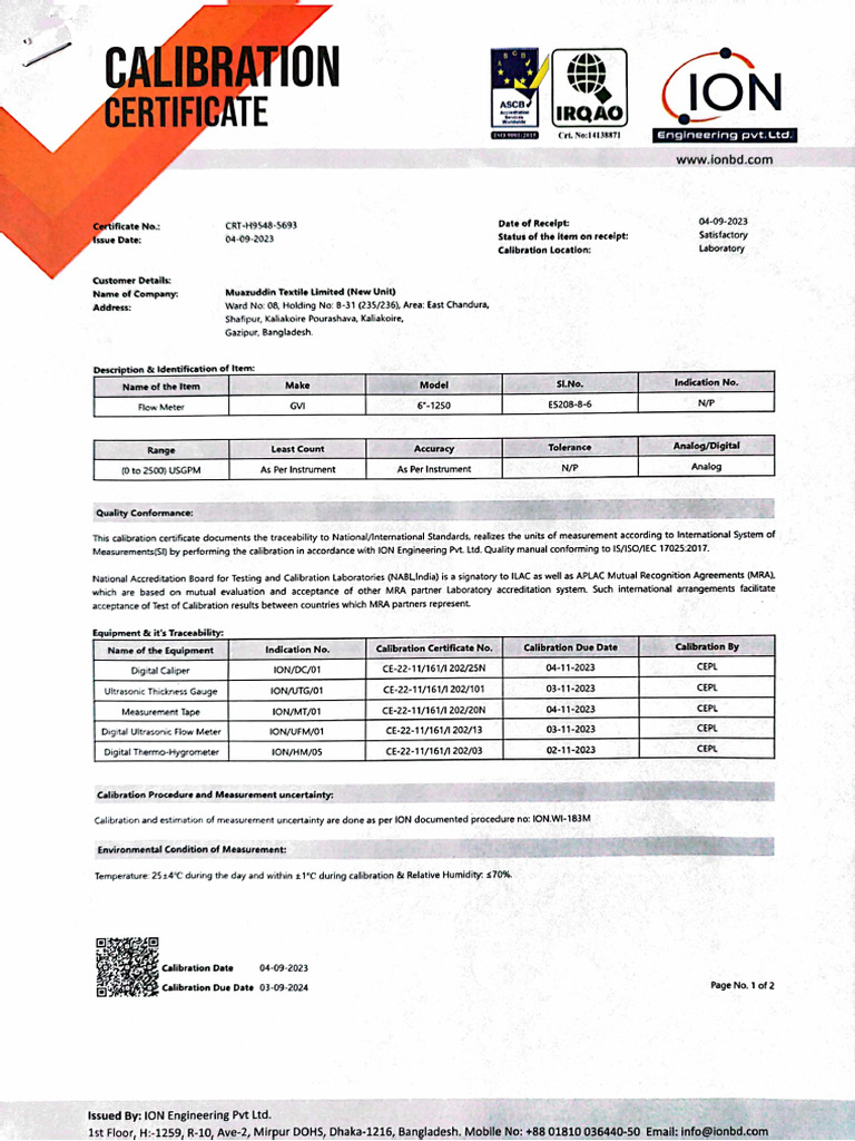 Flow Meter Calibration Certificate | PDF