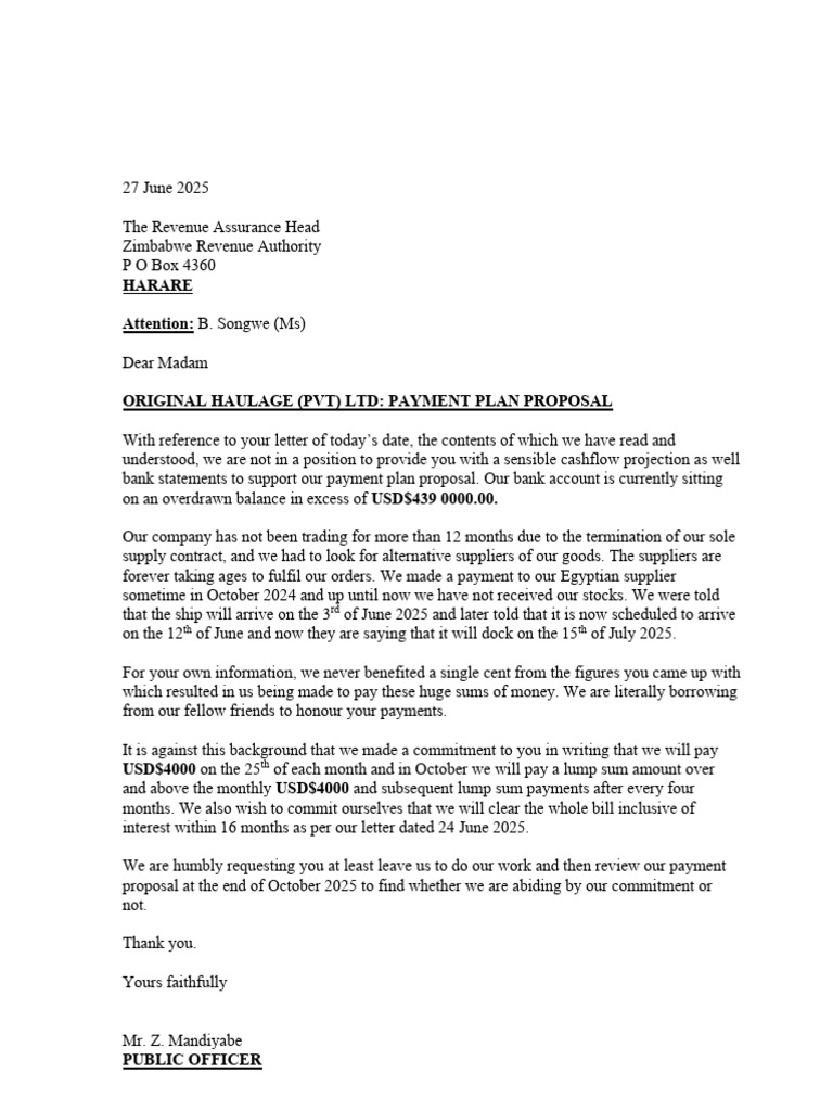 Zimra - Payment Plan Proposal 27 June 2025 | PDF