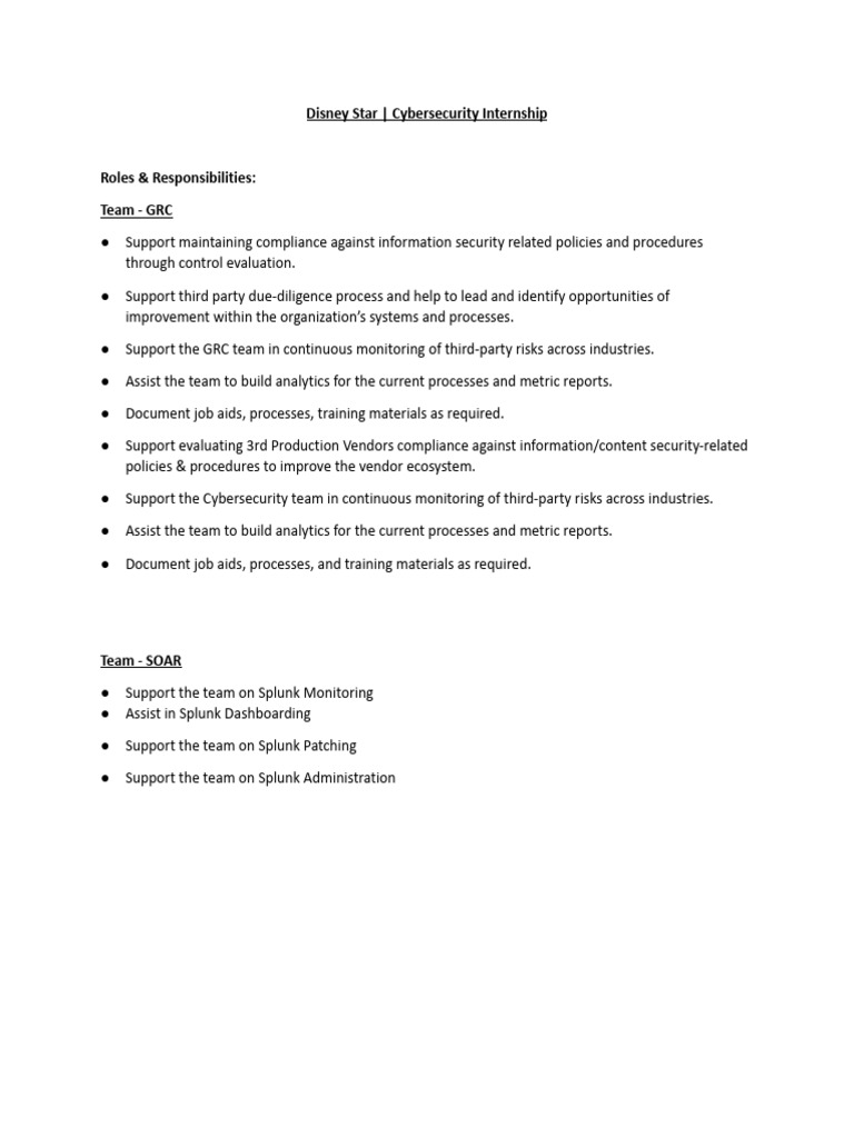 Cybersecurity Internship Responsibilities | PDF